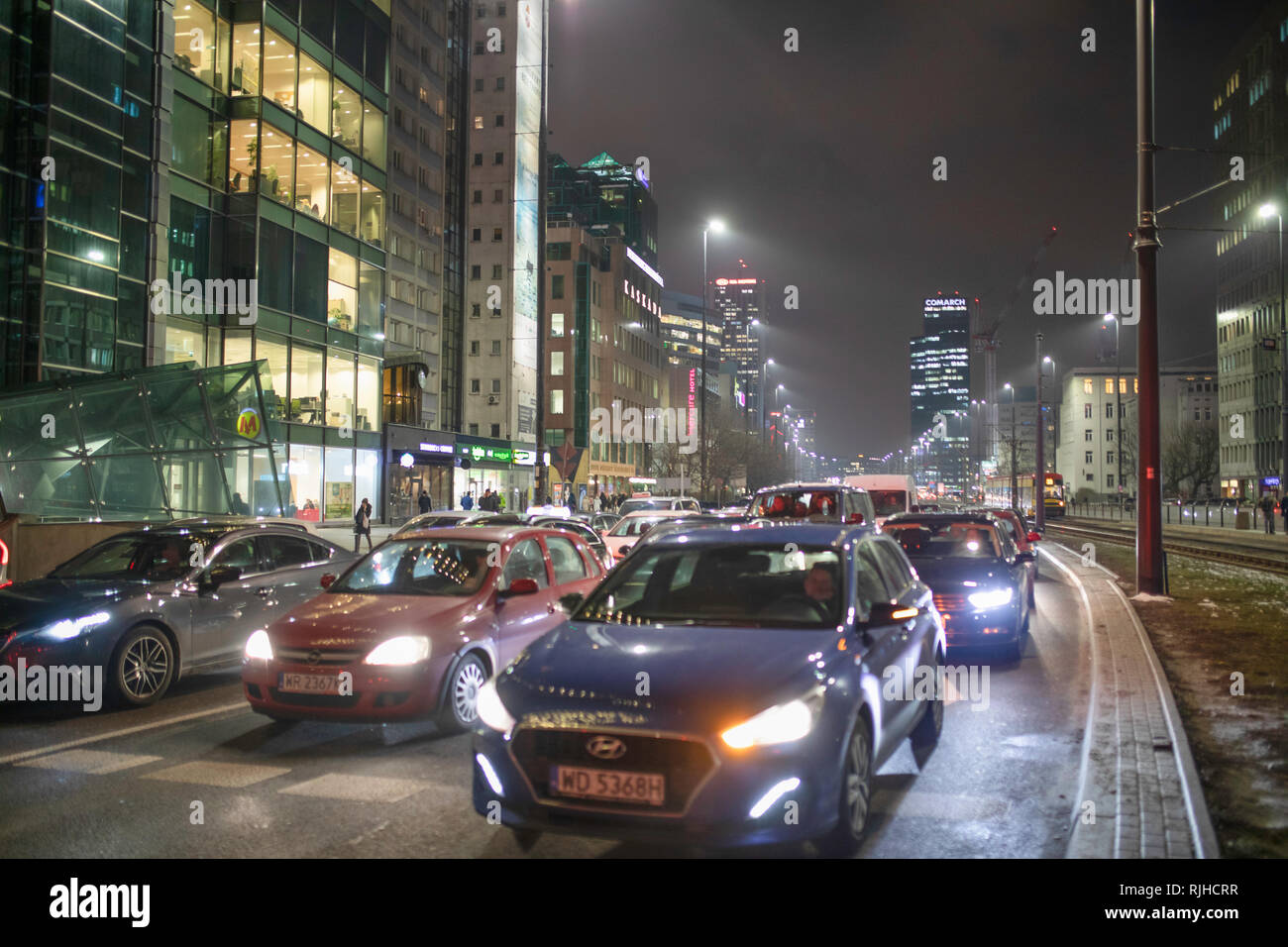 Warszawa / Poland - Night traffic lights and the cityscape.Skyscrapers ...
