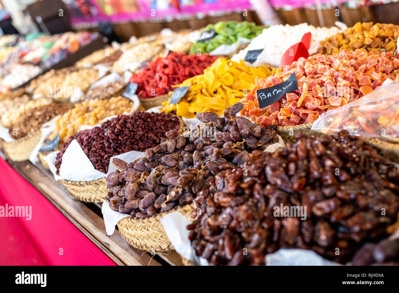 Raisins, dates and other candied fruits, sugar coated, for sale in a ...