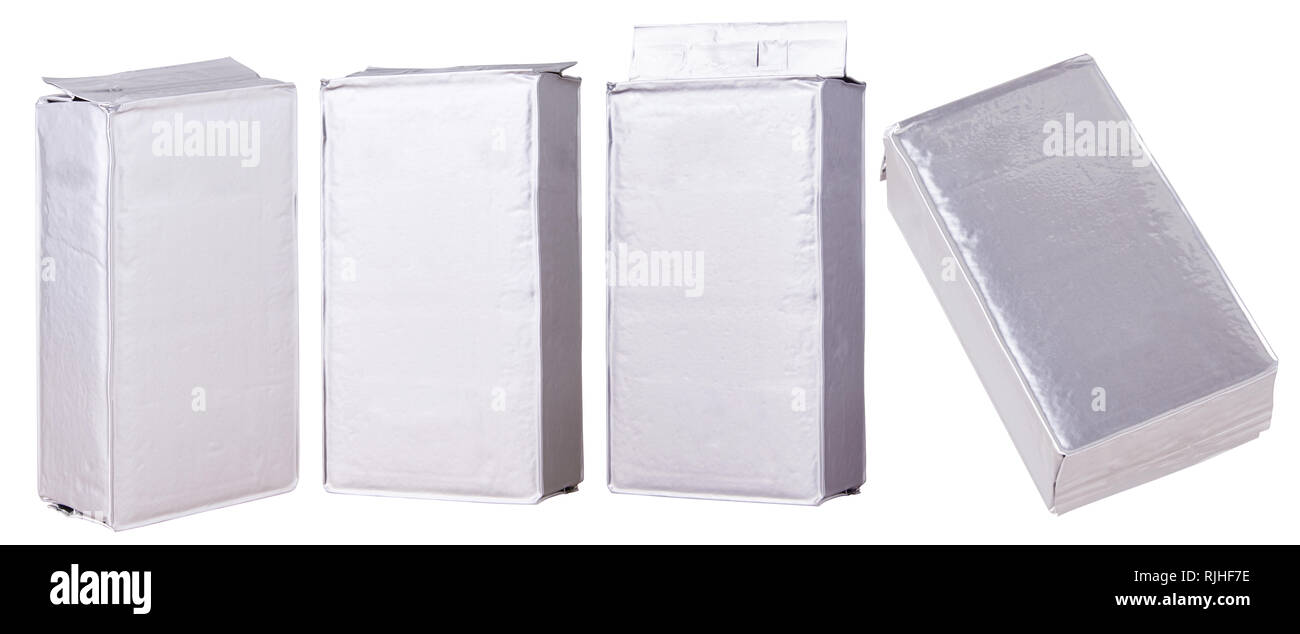 Packs with silver color foil pack with coffee. Mockup Blank Packaging ...
