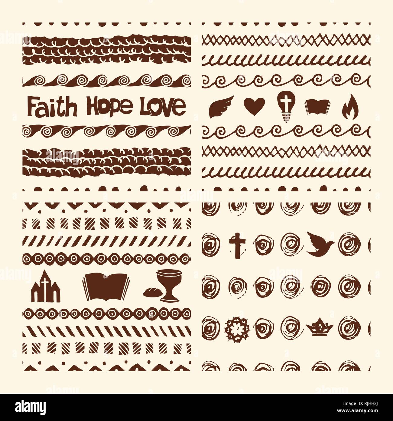 Vector set of hand drawn christian seamless pattern made with ink ...