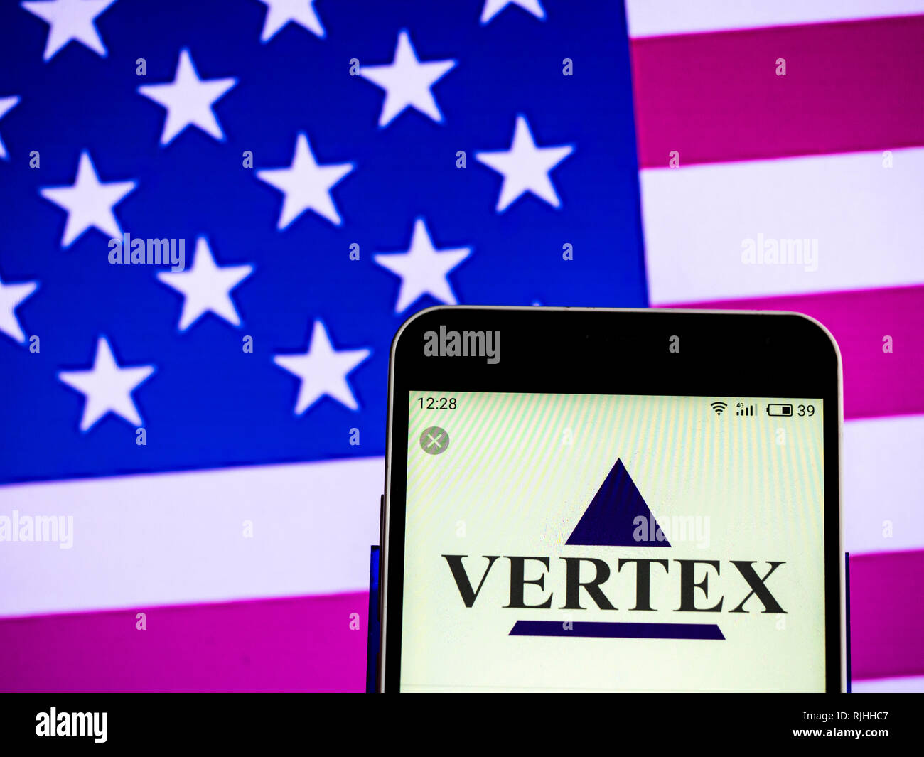 Vertex Pharmaceuticals Biopharmaceutical company logo seen displayed on ...