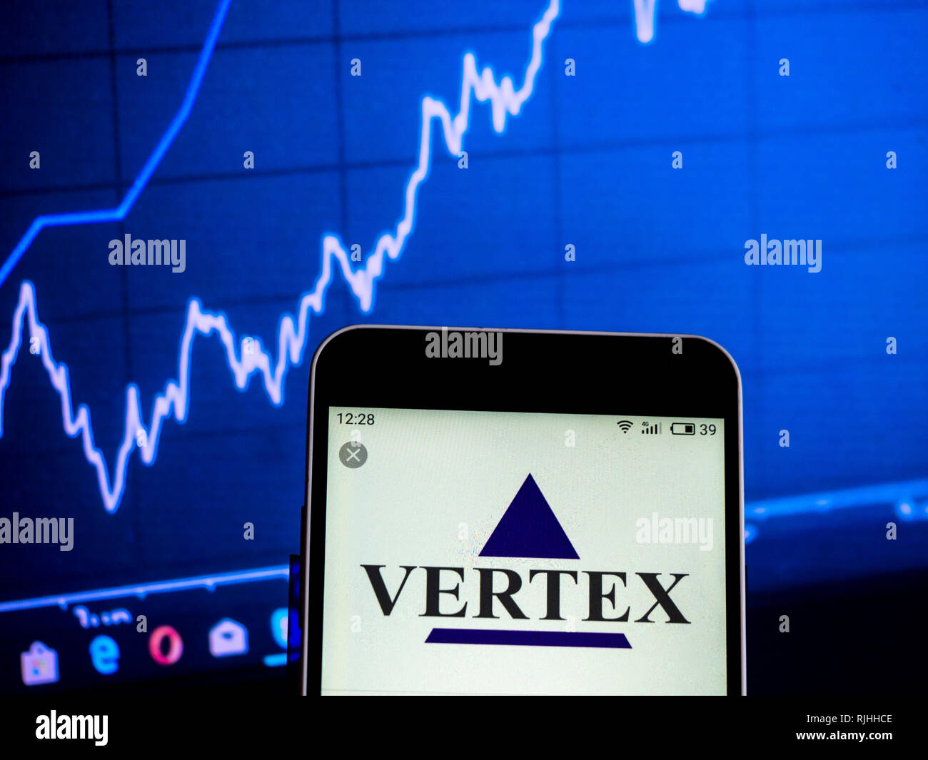 Vertex Pharmaceuticals Biopharmaceutical company logo seen displayed on ...