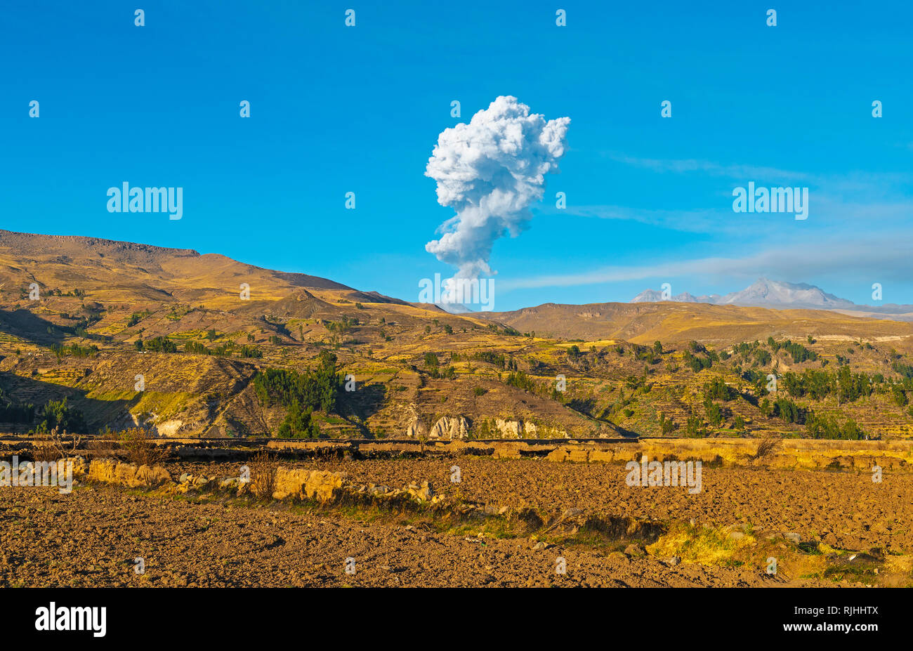 Ash clouds explosion during an eruption of the Sabancaya volcano nearby ...