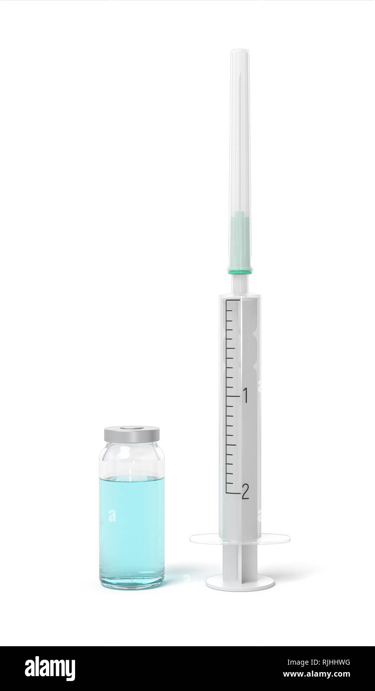 3d rendering of a dram glass vial and a syringe with blue liquid inside ...