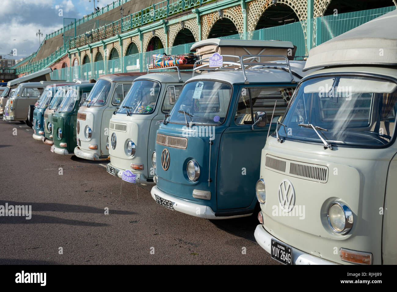 Volkswagen VW campervans in a row and parked on Madeira Drive in ...