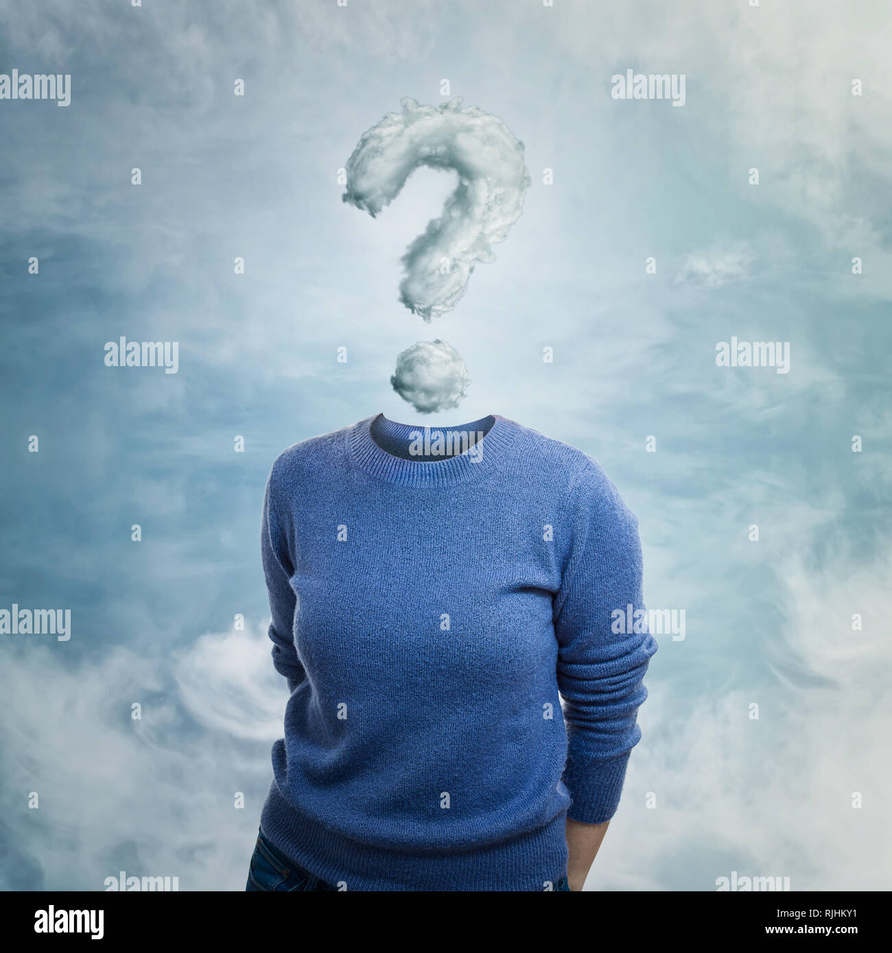Surreal image as young woman anonymous has invisible face and question ...