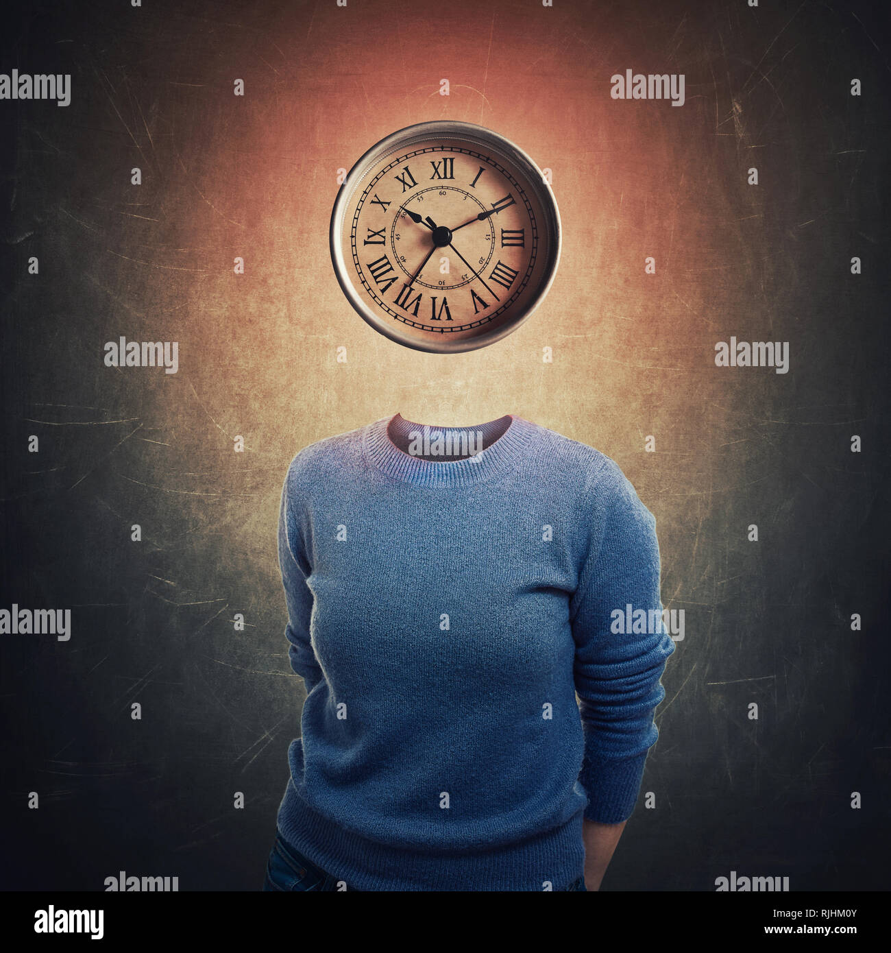 Surreal image anonymous woman with mystic clock instead her head over ...