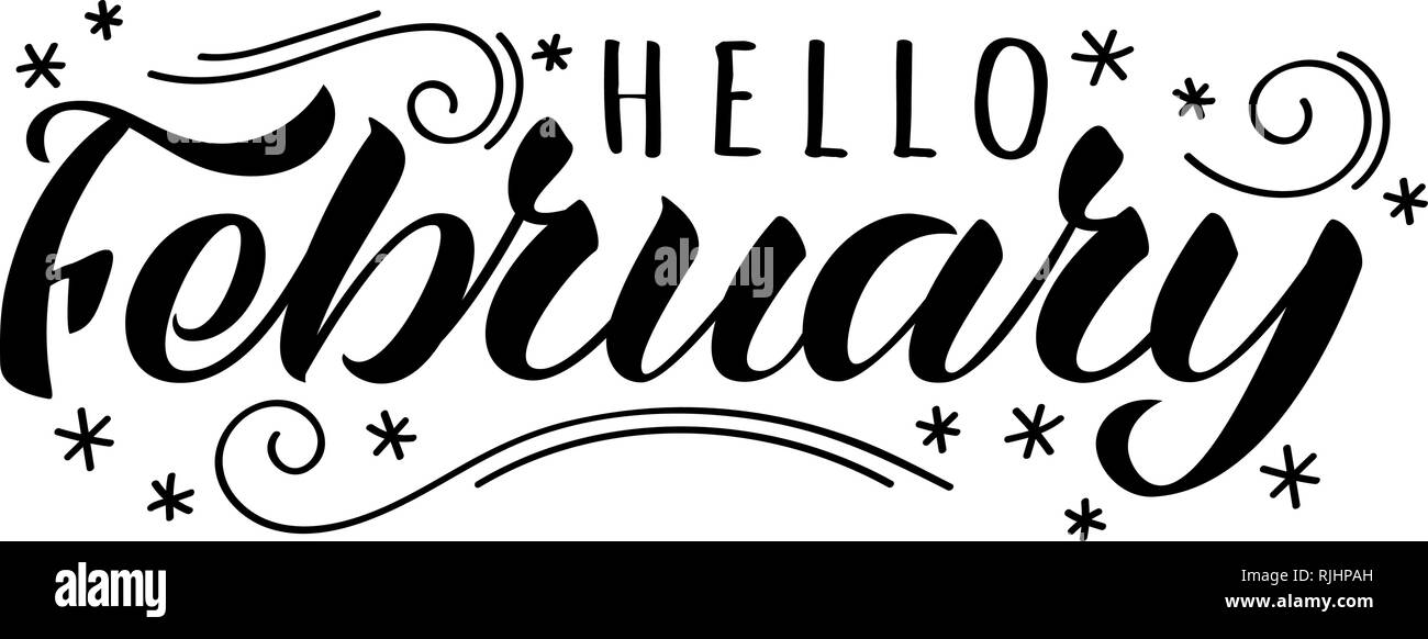 Hello february hand drawn lettering card with doodle snowflakes ...