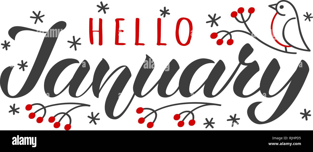 Hello january hand drawn lettering card with doodle snowlakes and bird ...