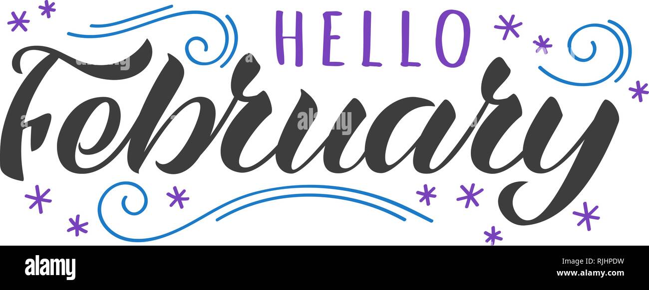 Hello february hand drawn lettering card with doodle snowlakes ...