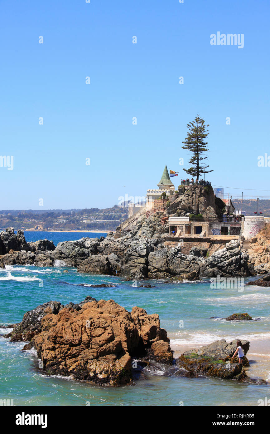 Chile, Vina del Mar, Wulff Castle, historic monument, seashore, rocks ...