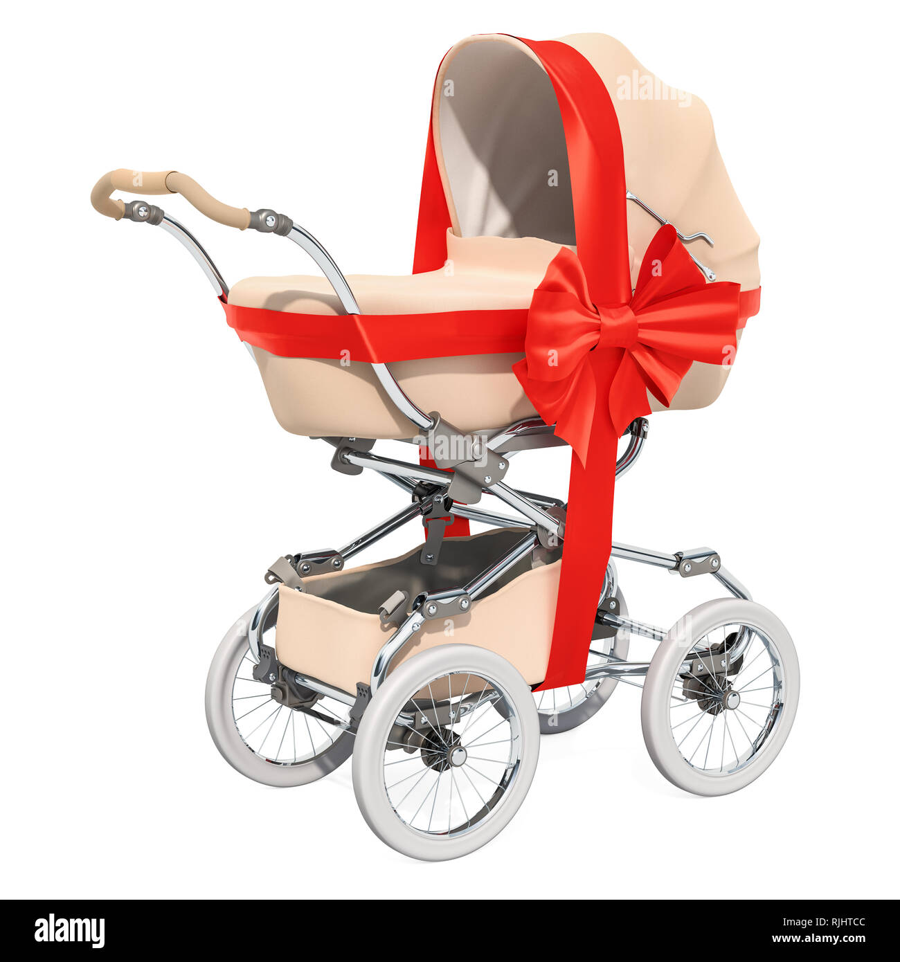 Baby stroller with bow and ribbon, gift concept. 3D rendering isolated ...