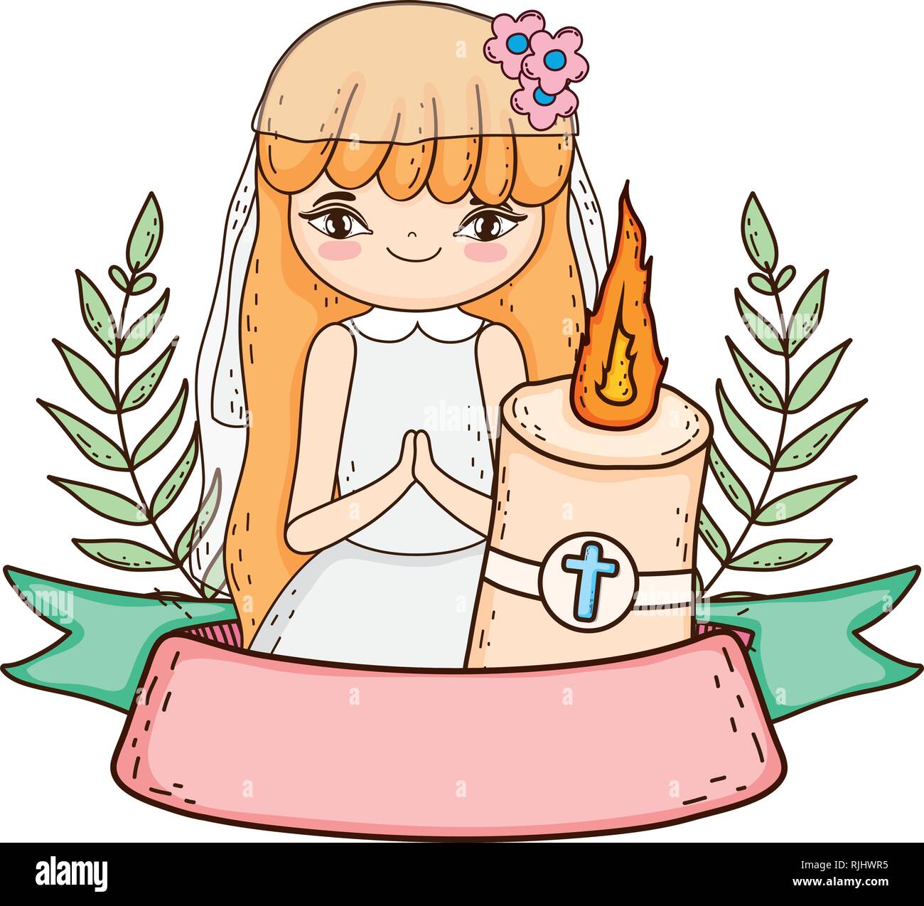 little girl with candle in first communion celebration Stock Vector ...