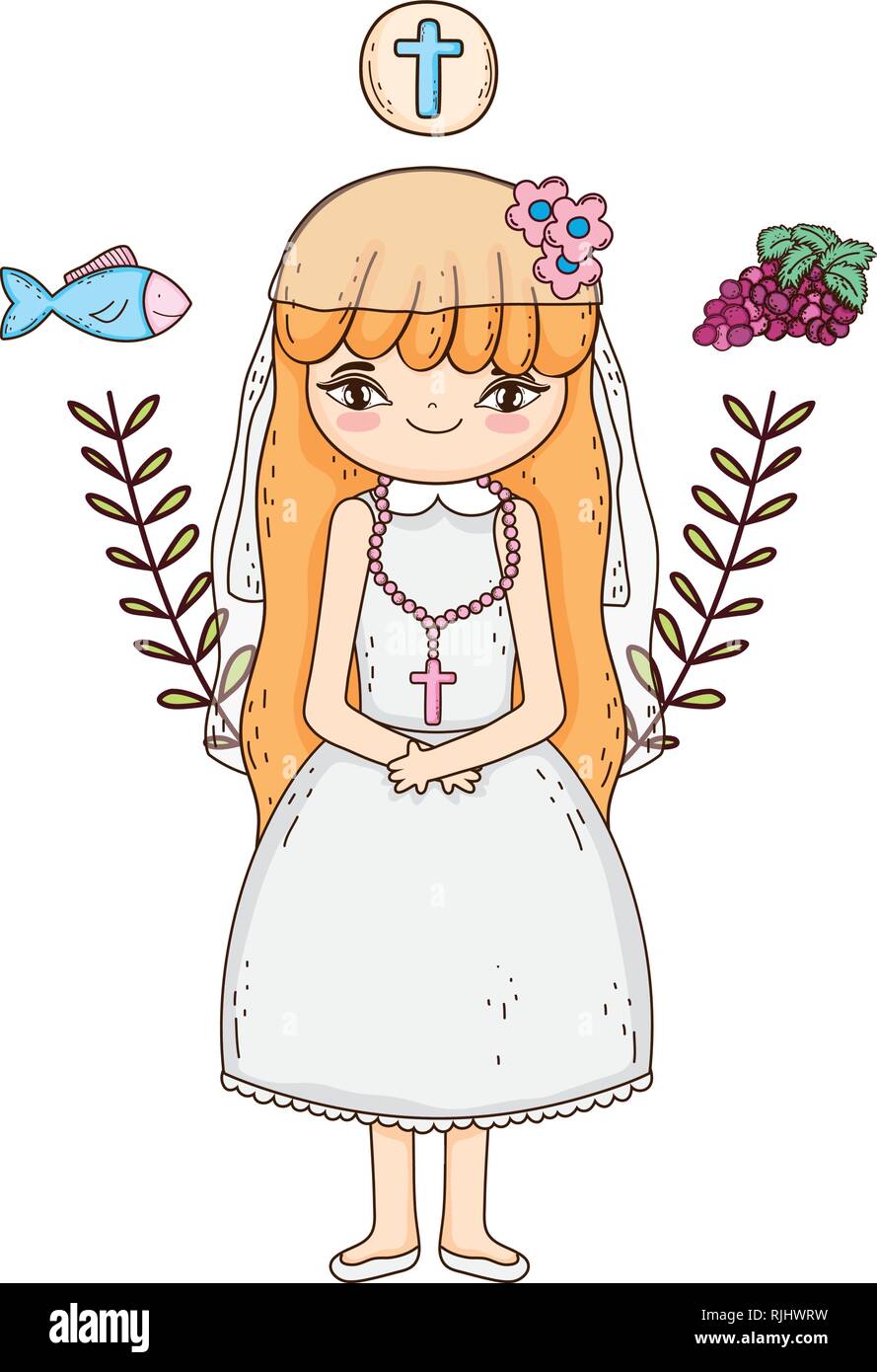 little girl and set icons in first communion celebration Stock Vector ...