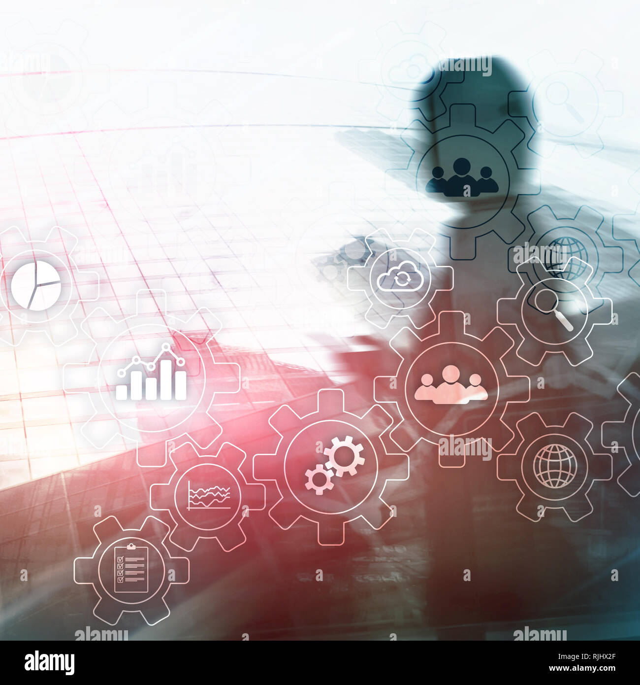 Business process abstract diagram with gears and icons. Workflow and ...