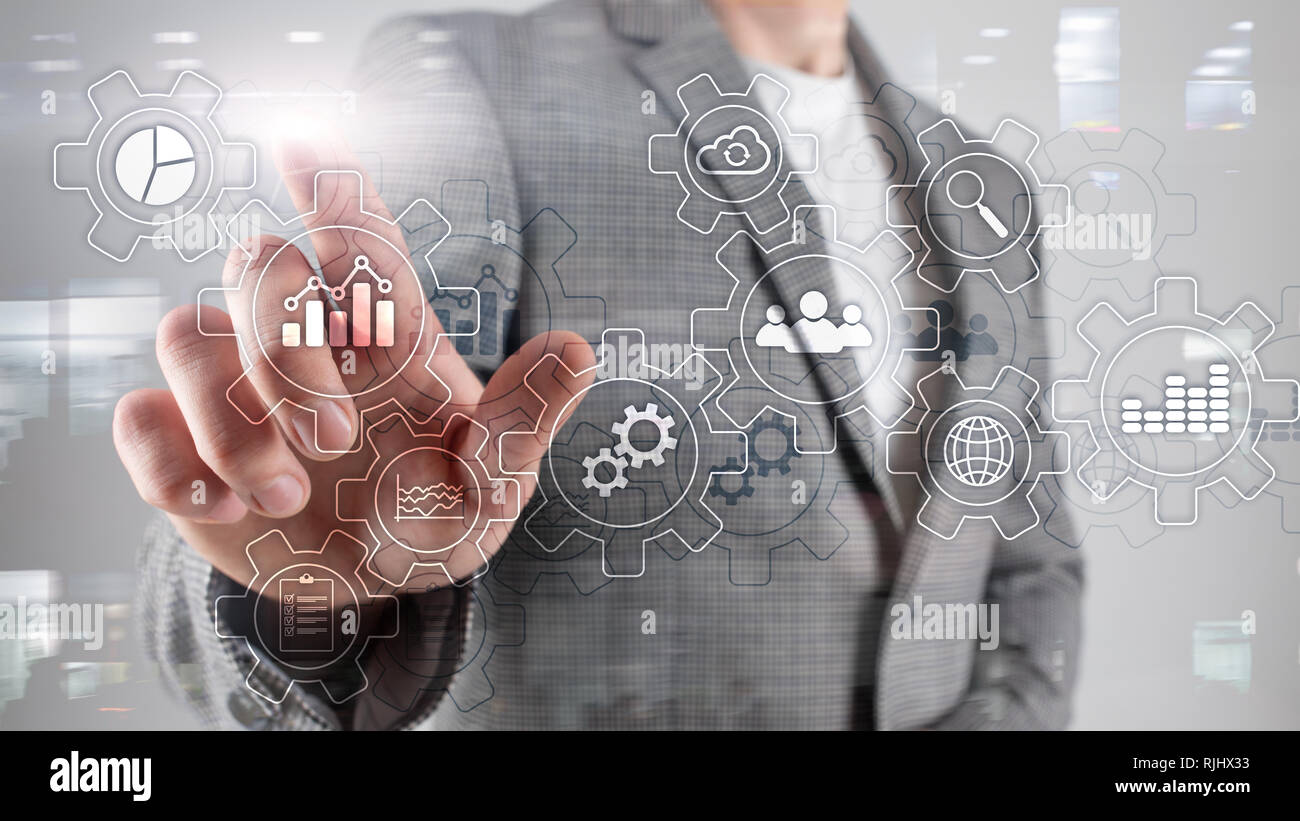 Business process abstract diagram with gears and icons. Workflow and ...