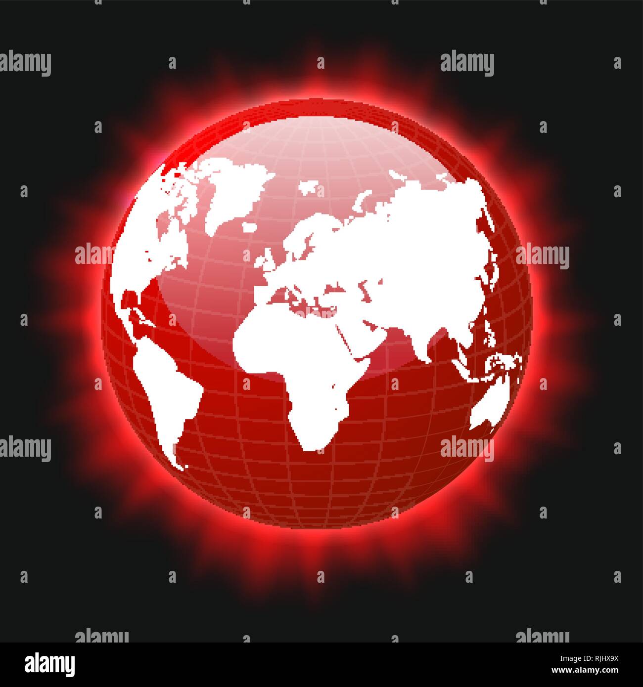 Red planet earth and world map colorful light beams, vector ...