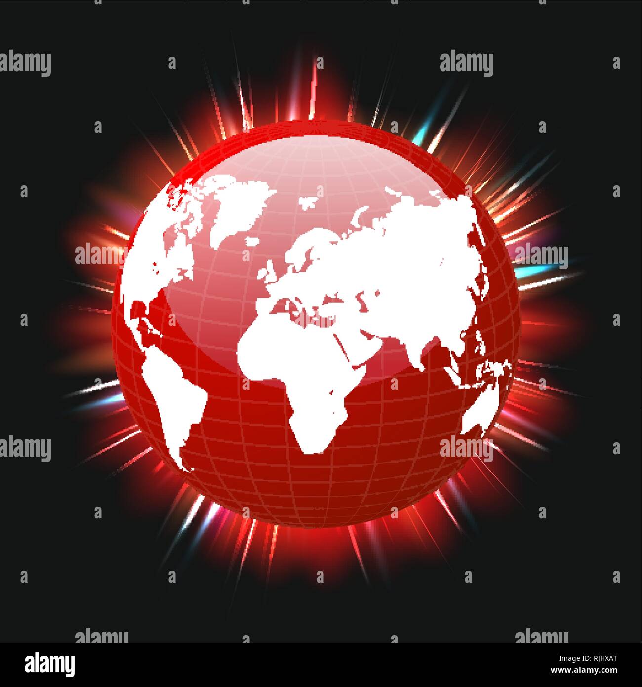 Red planet earth and world map colorful light beams, vector ...