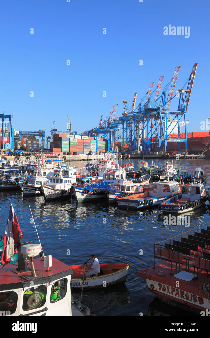 Chile, Valparaiso, harbor, ships, boats, cranes, containers Stock Photo ...