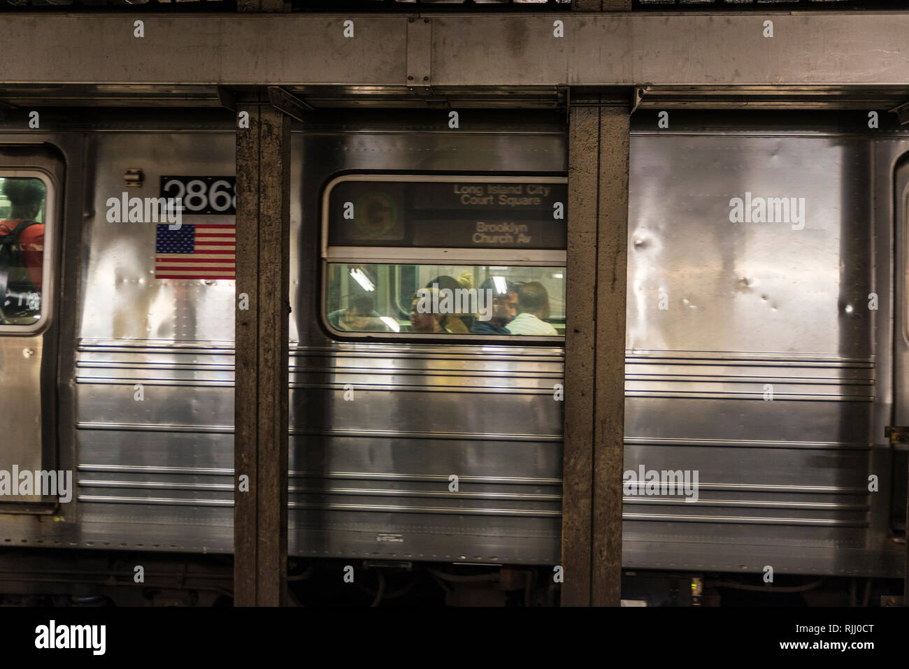 New York City, USA - July 26, 2018: Train car with people in motion in ...