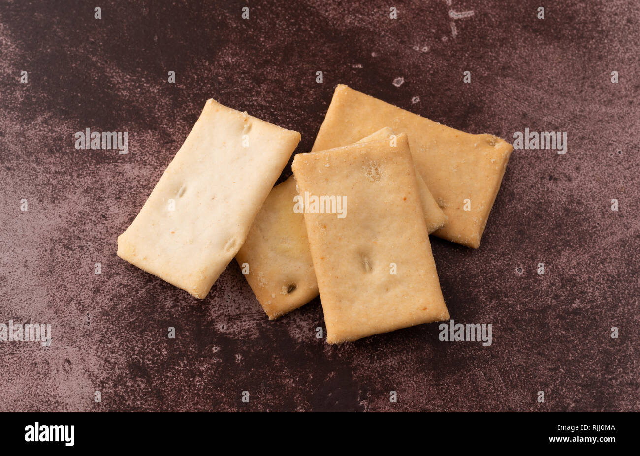 Overhead view of a serving of cheese flavor crostini crackers on a ...