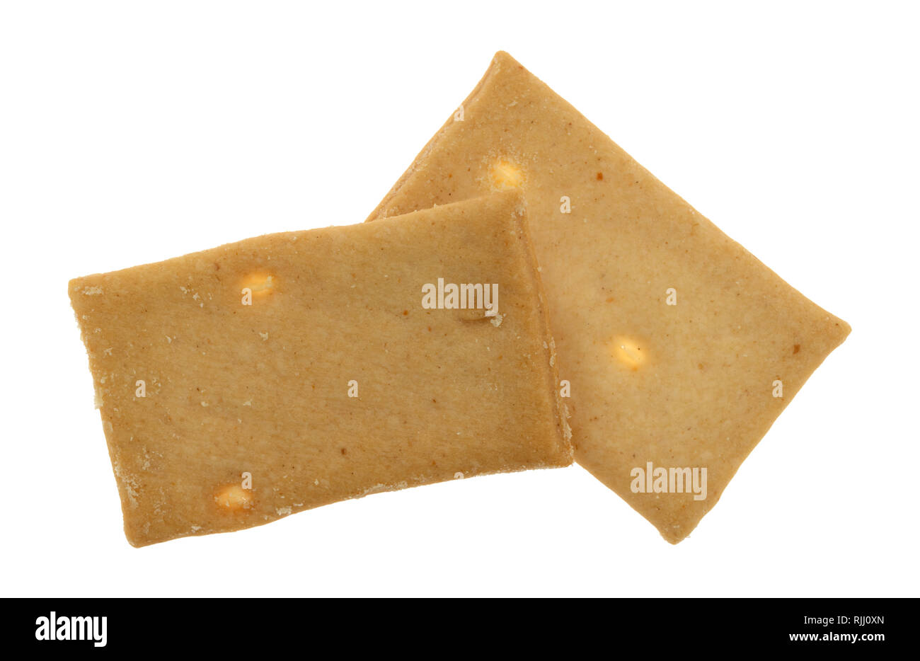 Overhead view of two cheese flavor crostini crackers isolated on a ...