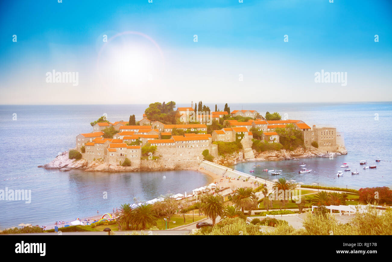 St Stefan island with monastery and bridge from the town in Montenegro ...