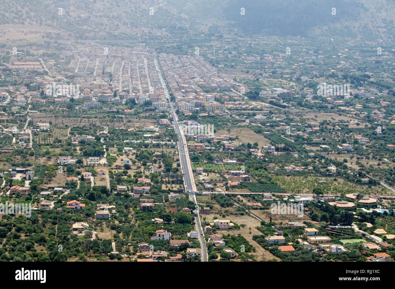 Aerial view of the historic town of Cinisi in the Palermo district of ...