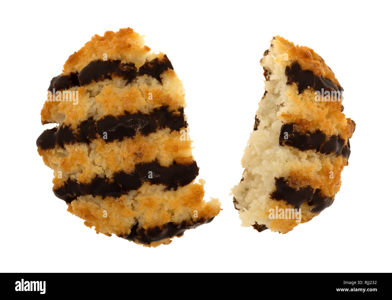 Overhead view of a single dark chocolate striped coconut macaroon ...
