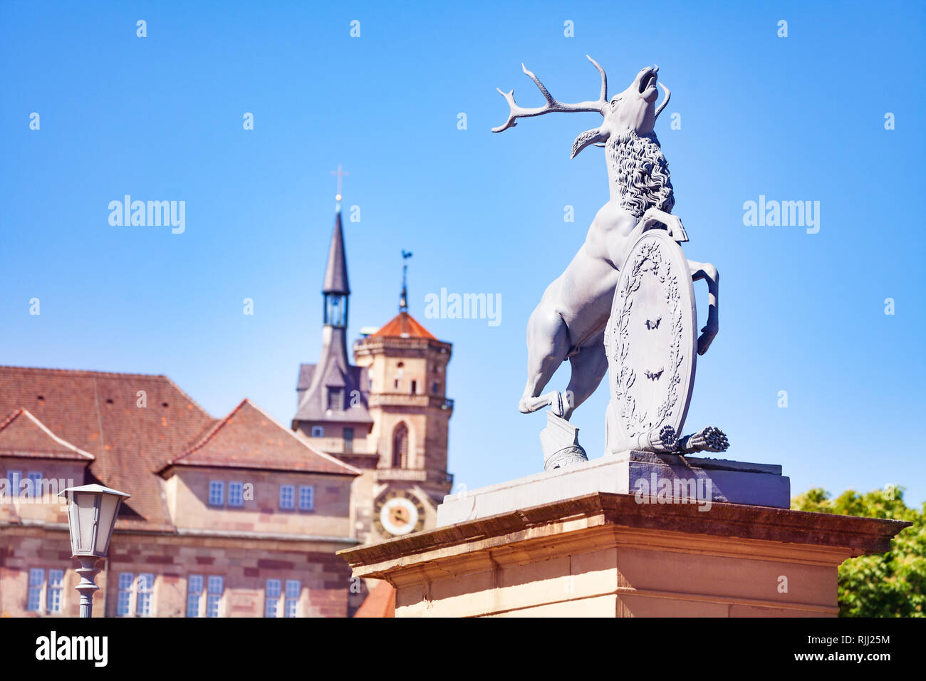 Deer statue at the New Palace square against blue sky, Stuttgart ...
