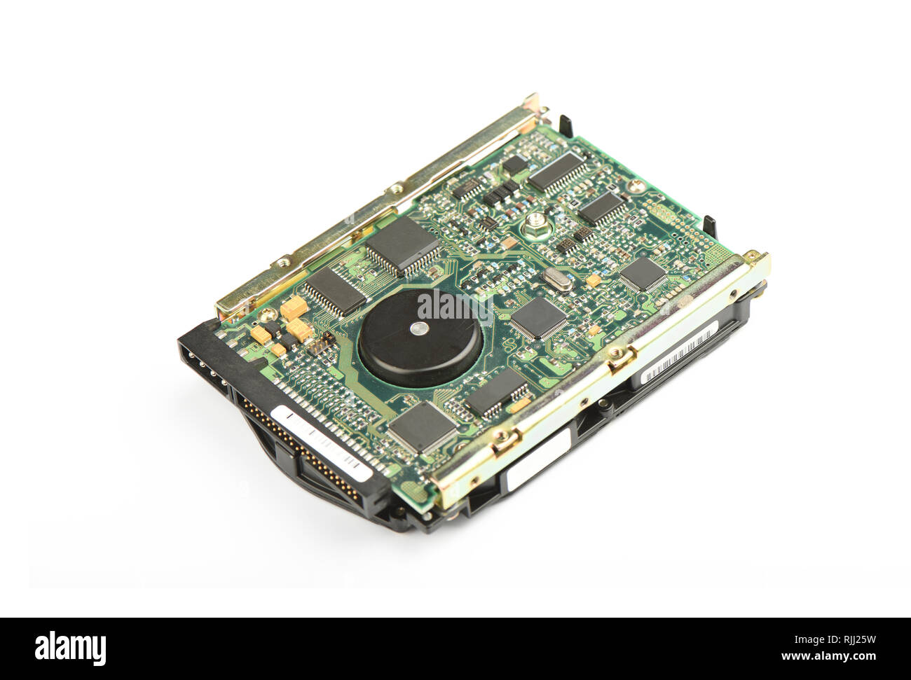 Top view. Used hard disk isolated on white background. Dust. Copy space ...