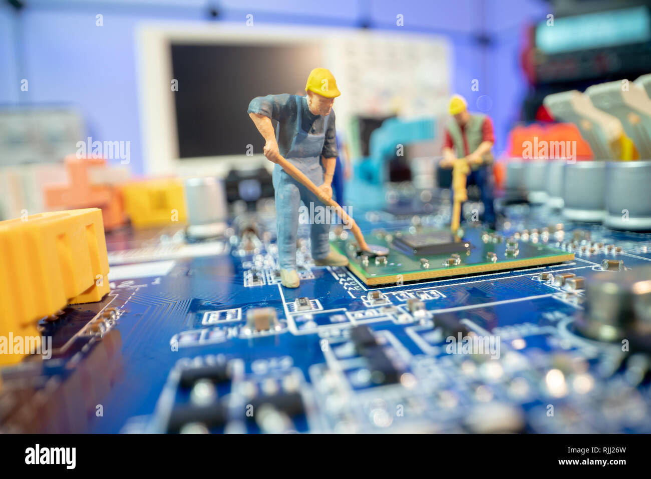 Miniature repair man mainboard, Miniature worker team try to repair cpu ...