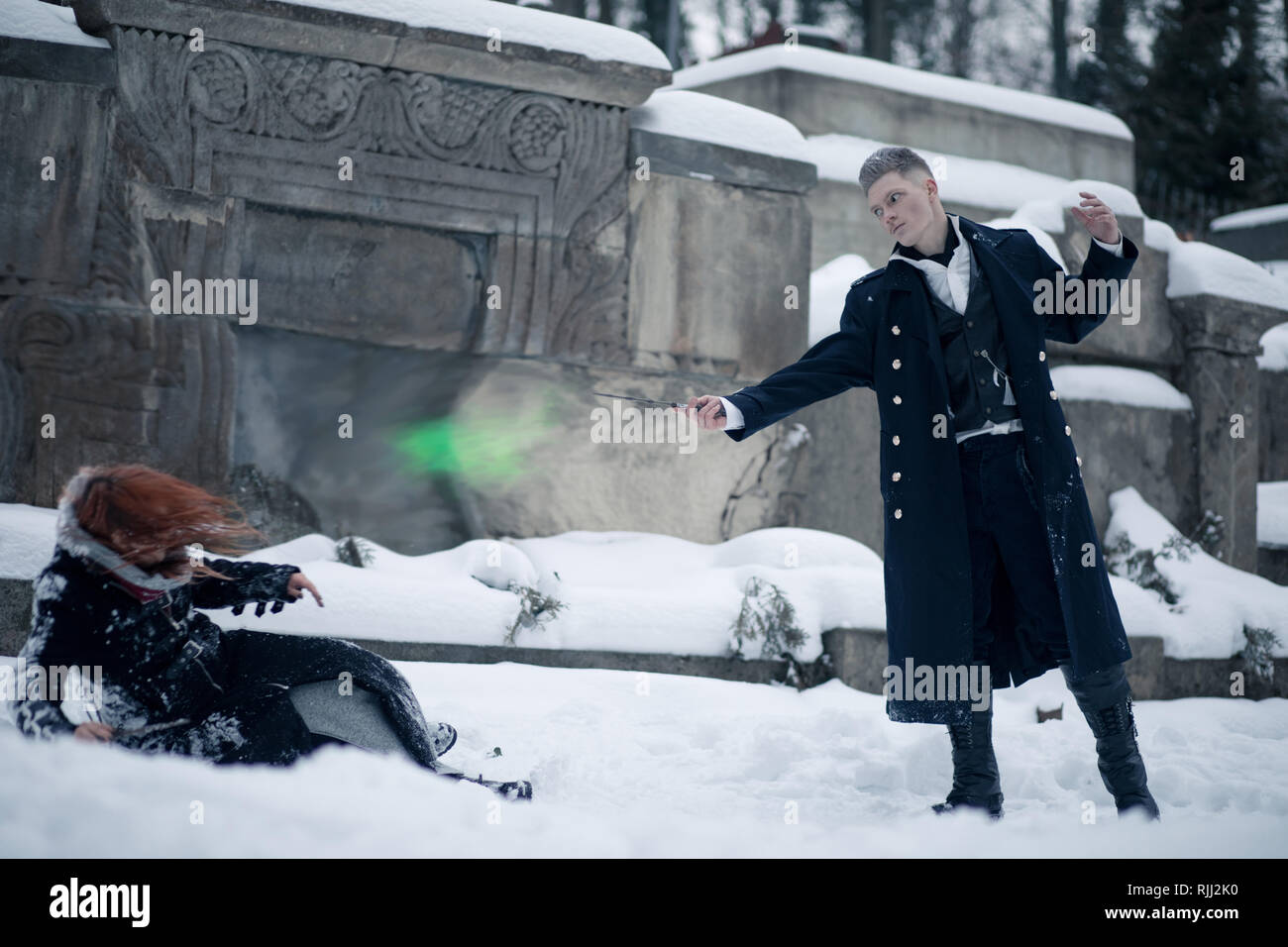 Battle of dark and light magicians with the help of magic wands and ...