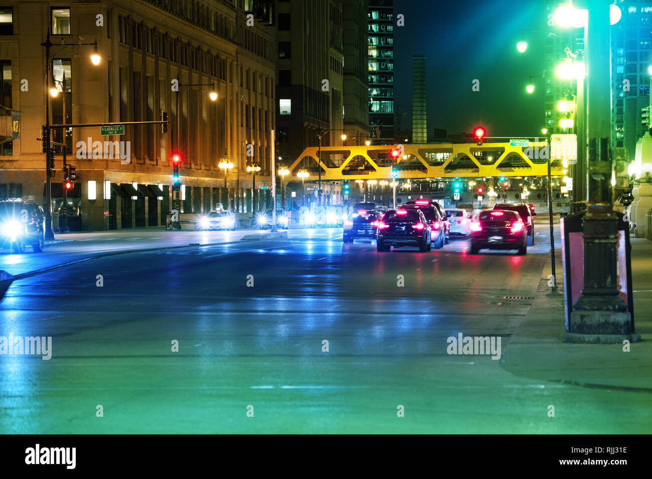 Highway with heavy traffic at rush hour at night, Chicago, Illinois ...