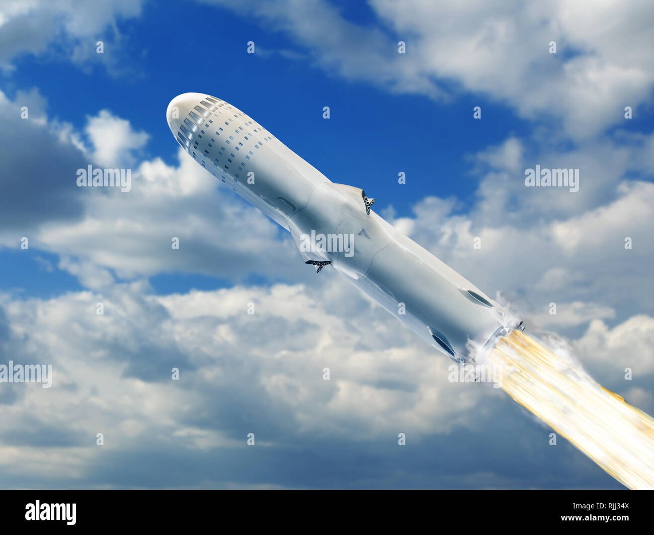 Big rocket flying over blue sky clouds after takeoff Stock Photo - Alamy