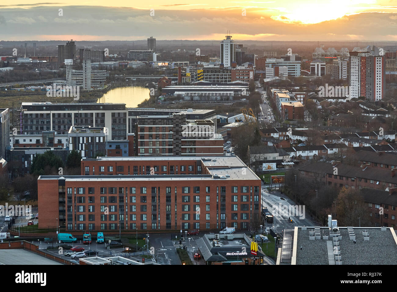 Salford skyline view across the rooftops of ordsall in to Salford Quays ...