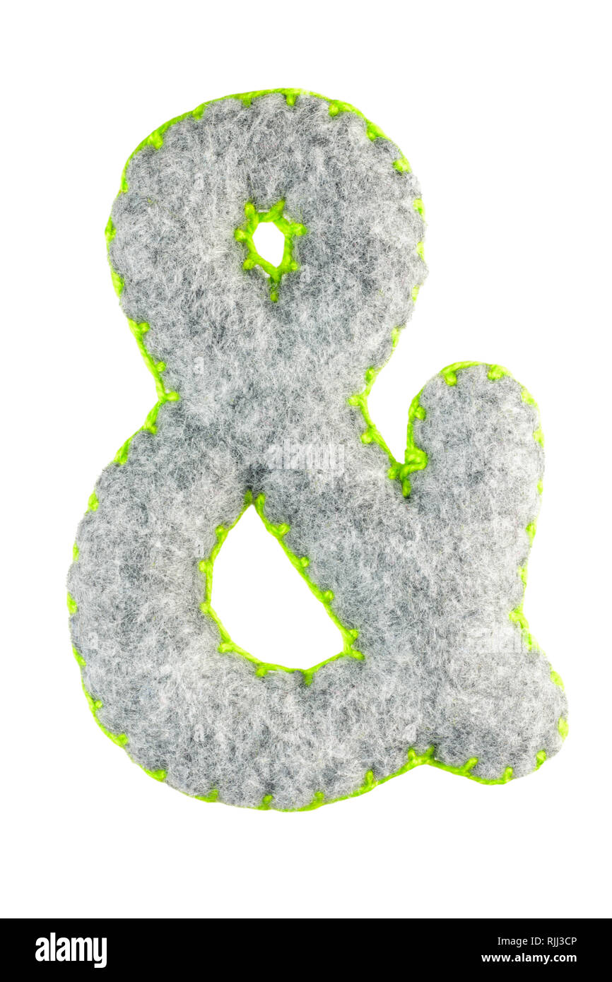 Ampersand typographic symbol (&) from gray felt isolated on a white ...