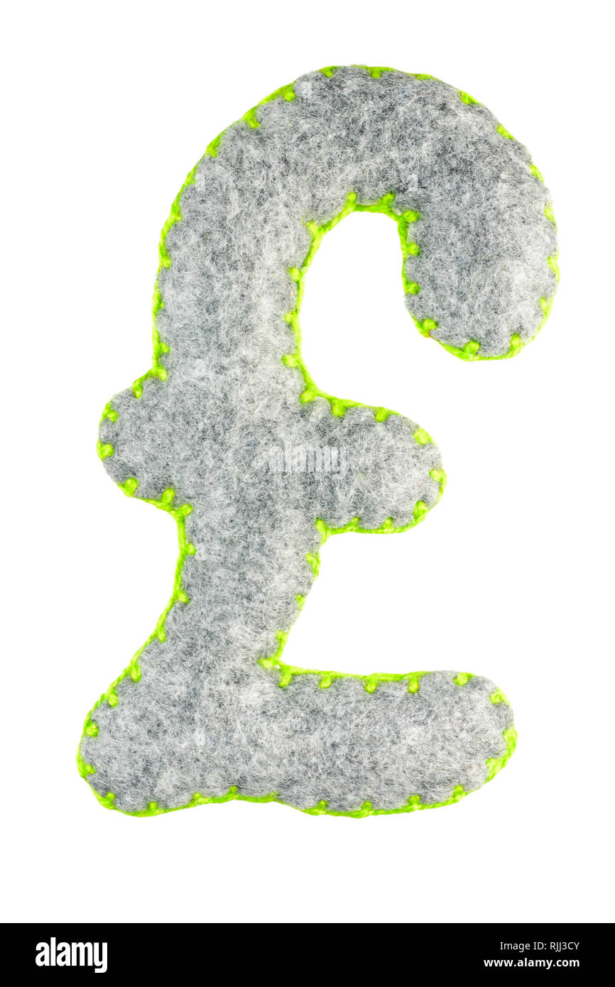 Pound sign (£) typographic sign from gray felt isolated on a white ...