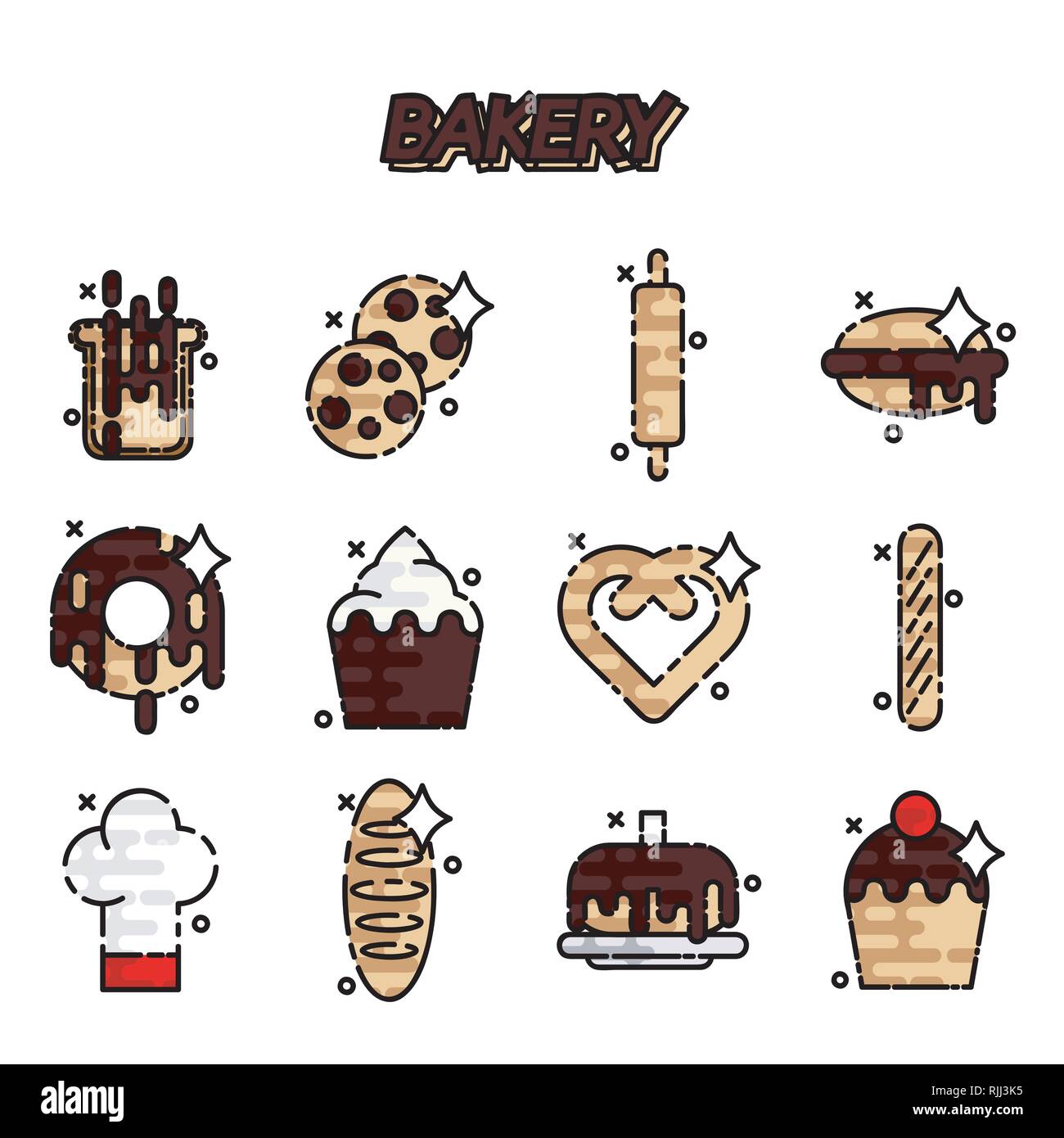 Bakery flat icons set with sweet pastries products ingredients baker ...