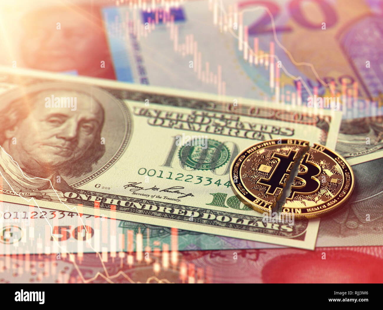 Broken or cracked Bitcoin coin on banknotes with red stock market ...