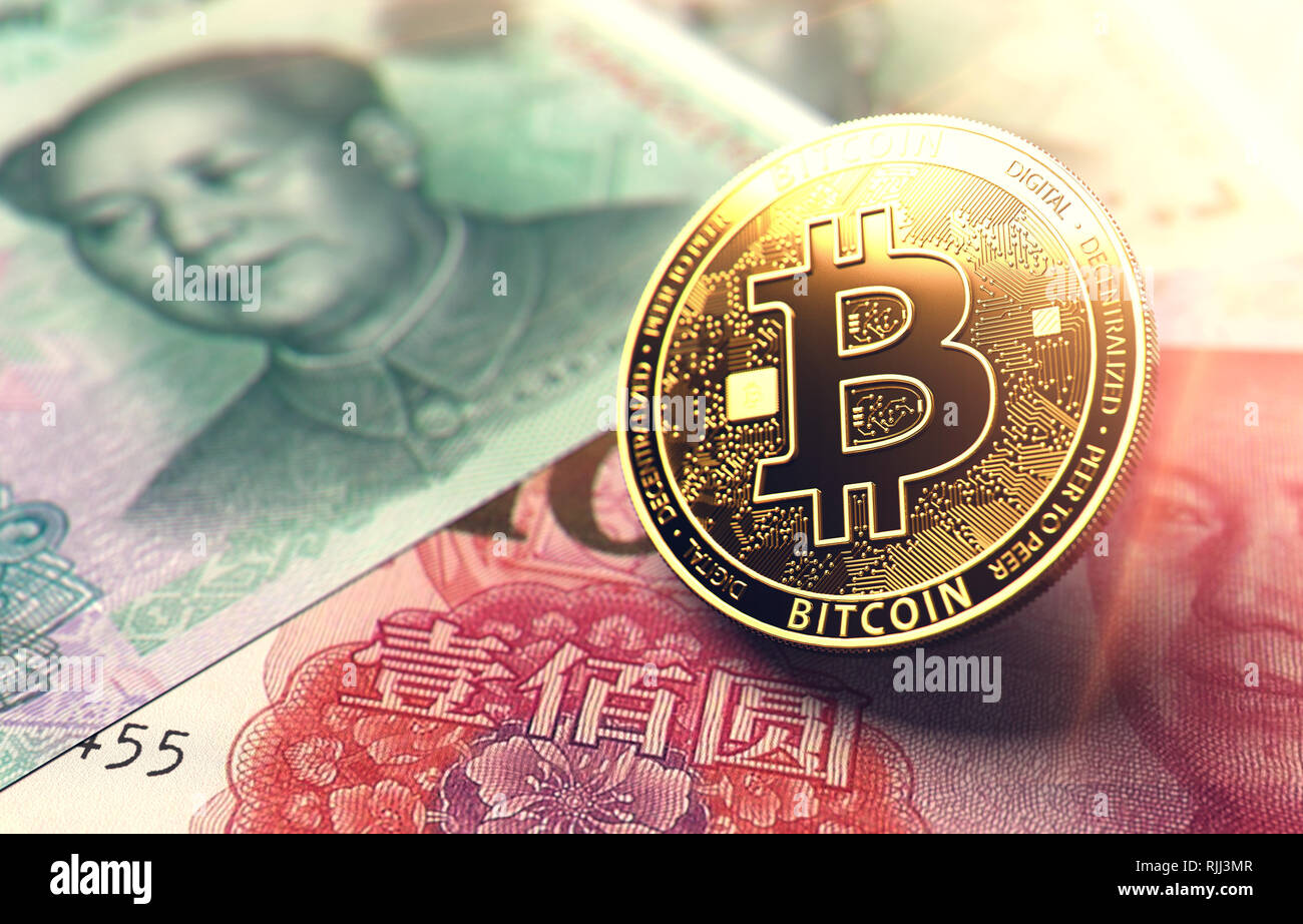 Bitcoin coin on Chinese Yuan bills. Bitcoin in the center of attention ...
