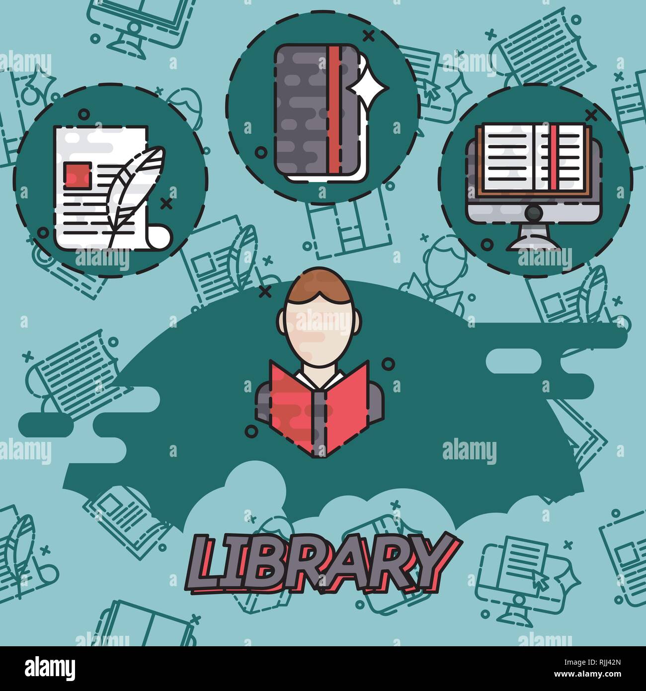 Library flat concept icons. Illustration of reading room. Vector ...