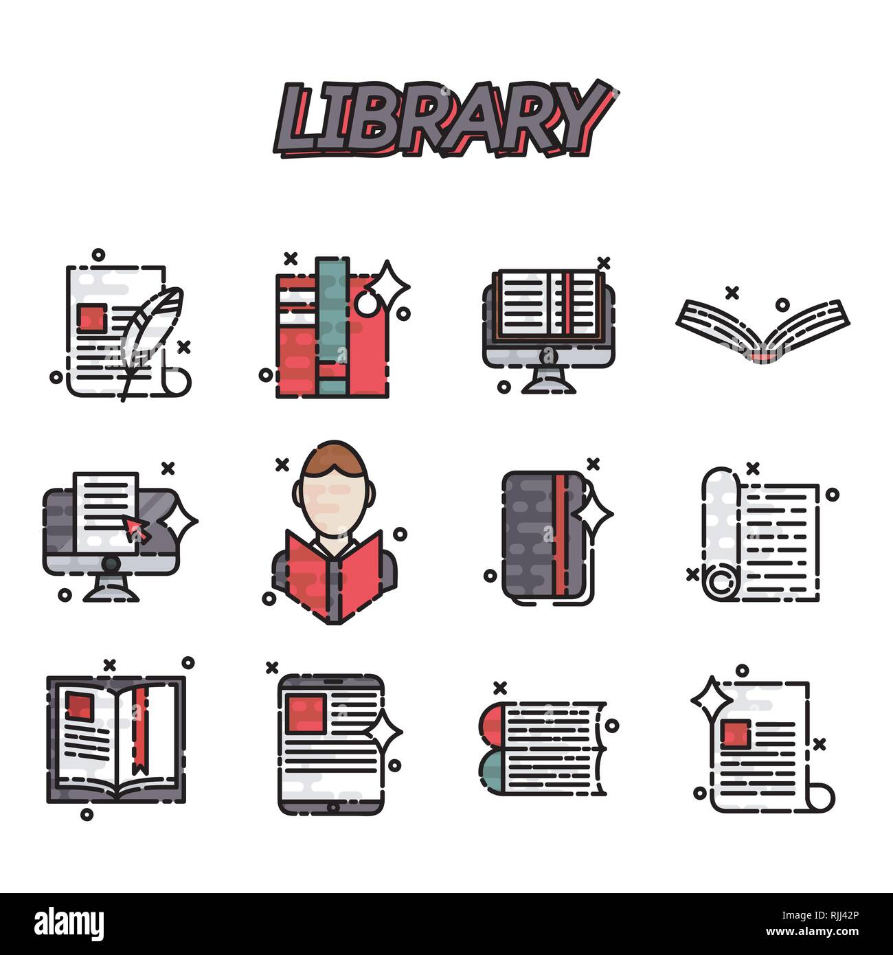 Library flat icons set . Illustration of reading room. Vector ...