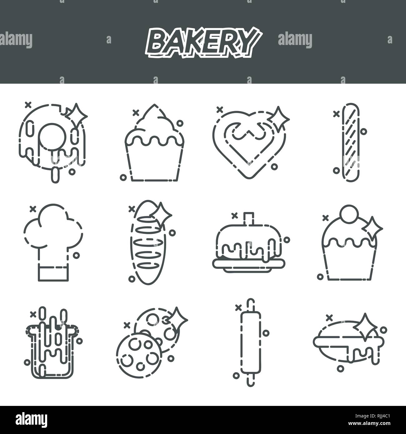 Bakery icons set with sweet pastries products ingredients baker ...