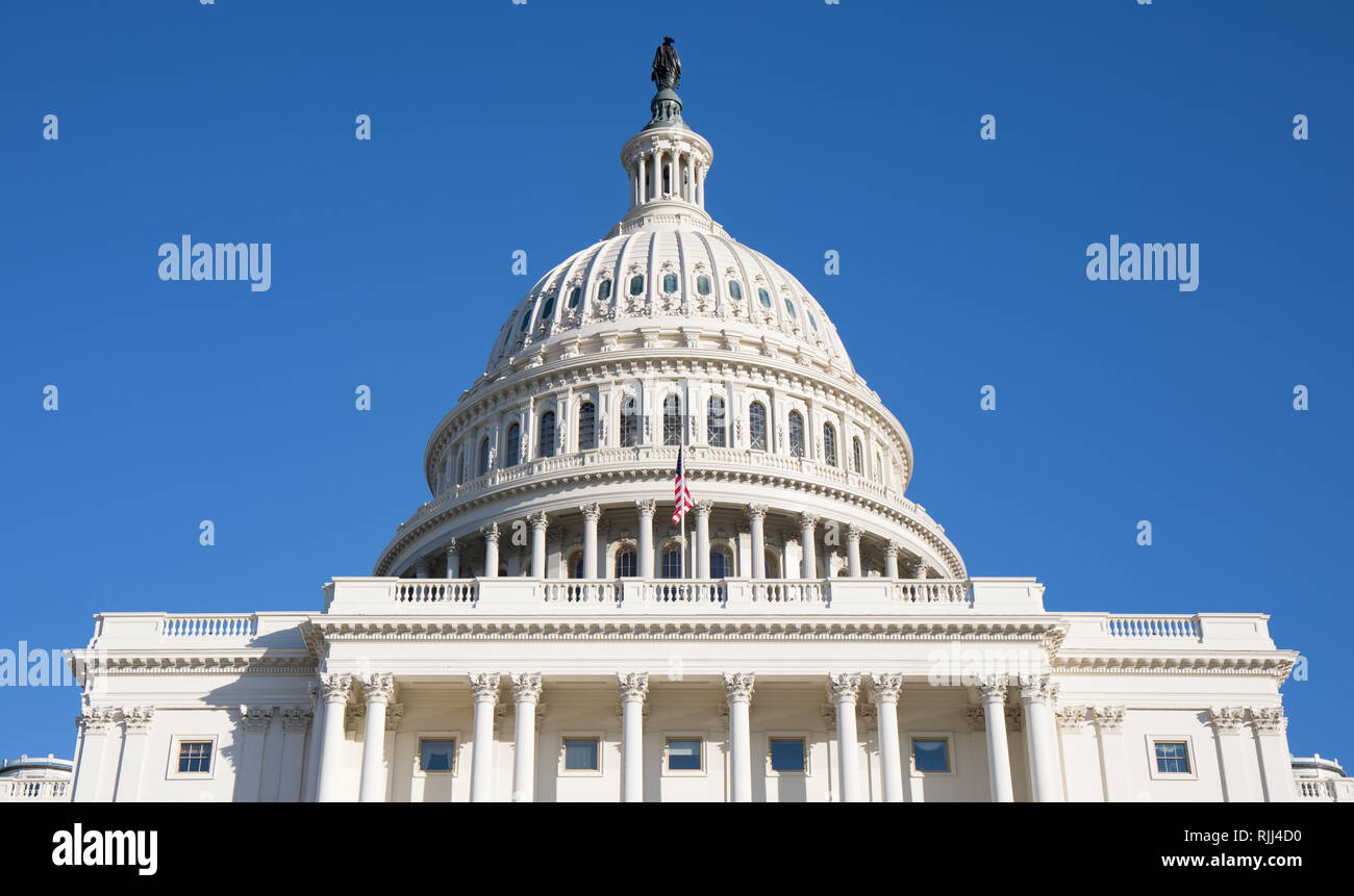 The back of the Capitol Building in Washington, D.C. with a bright blue ...