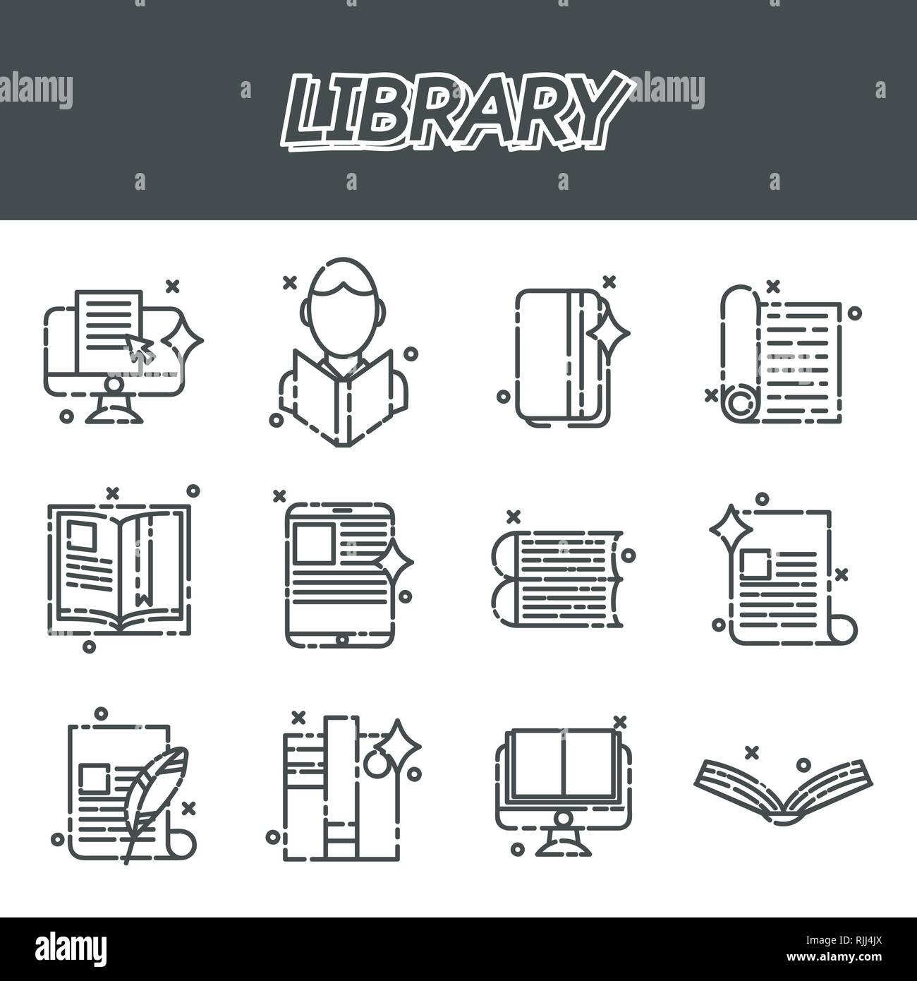 Library icons set . Illustration of reading icons room. Vector ...