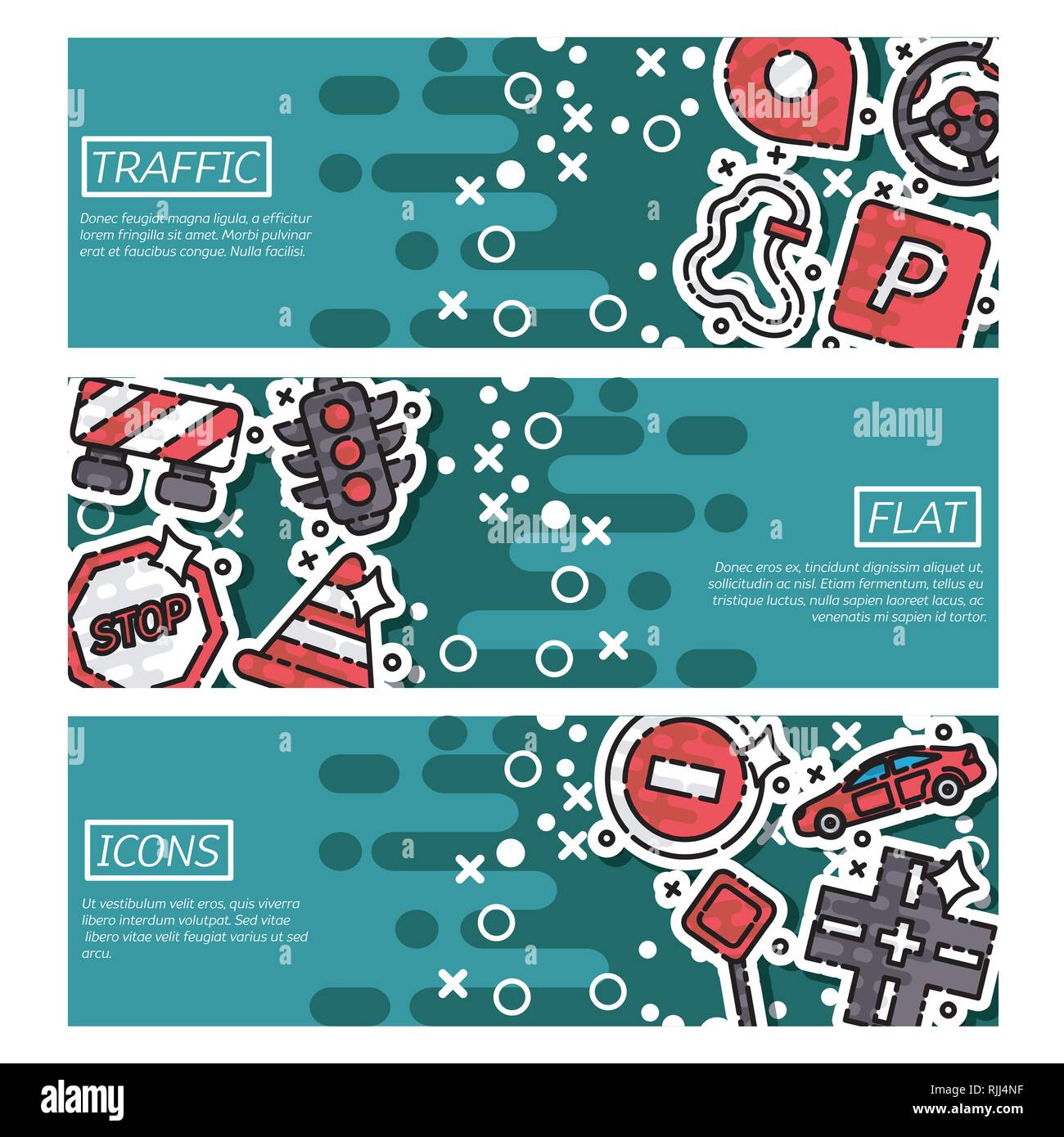 Traffic horizontal banner set with navigation and night city flat ...