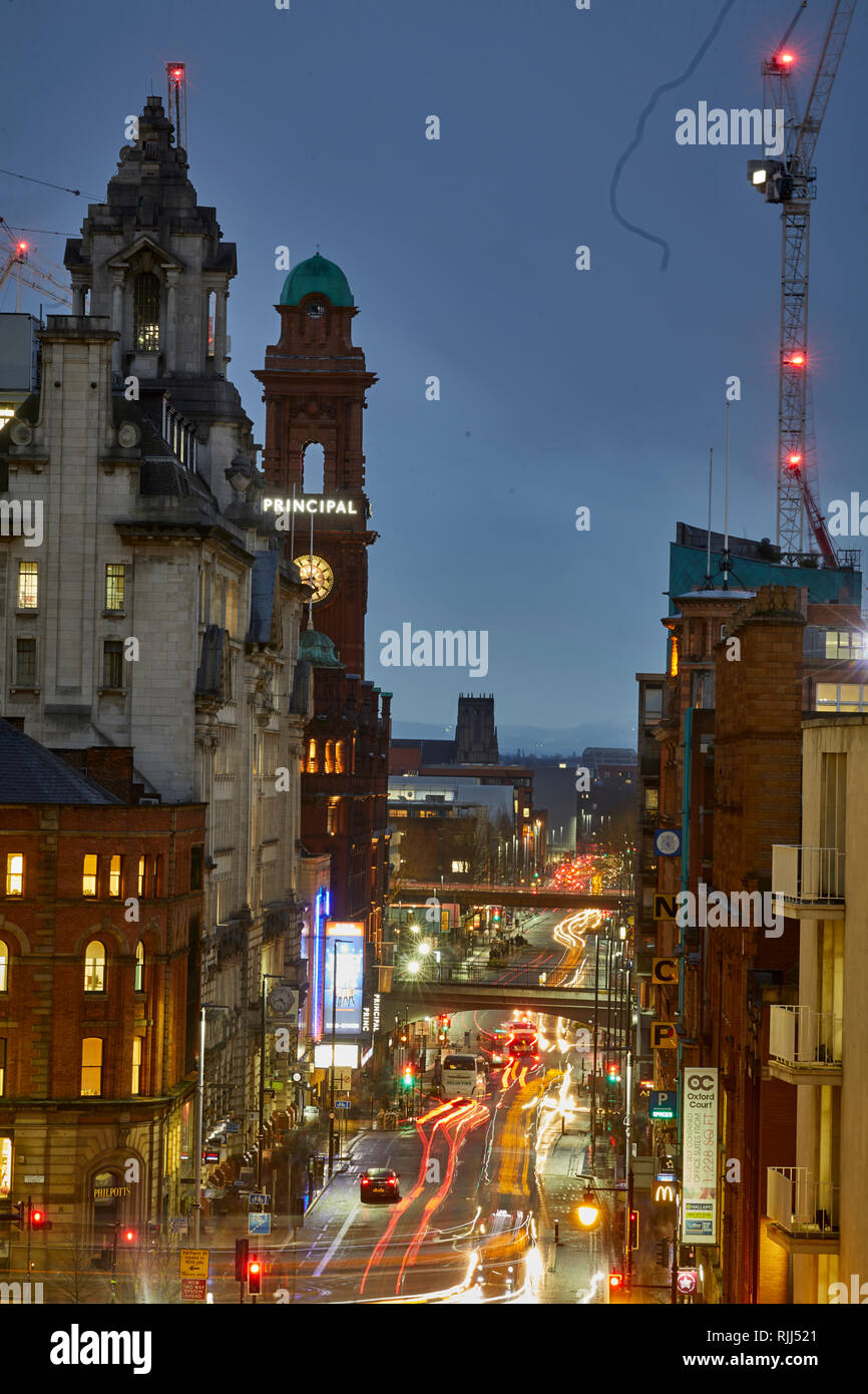 Manchester city centre skyline panoramic view across the rooftops from Central Library looking ...