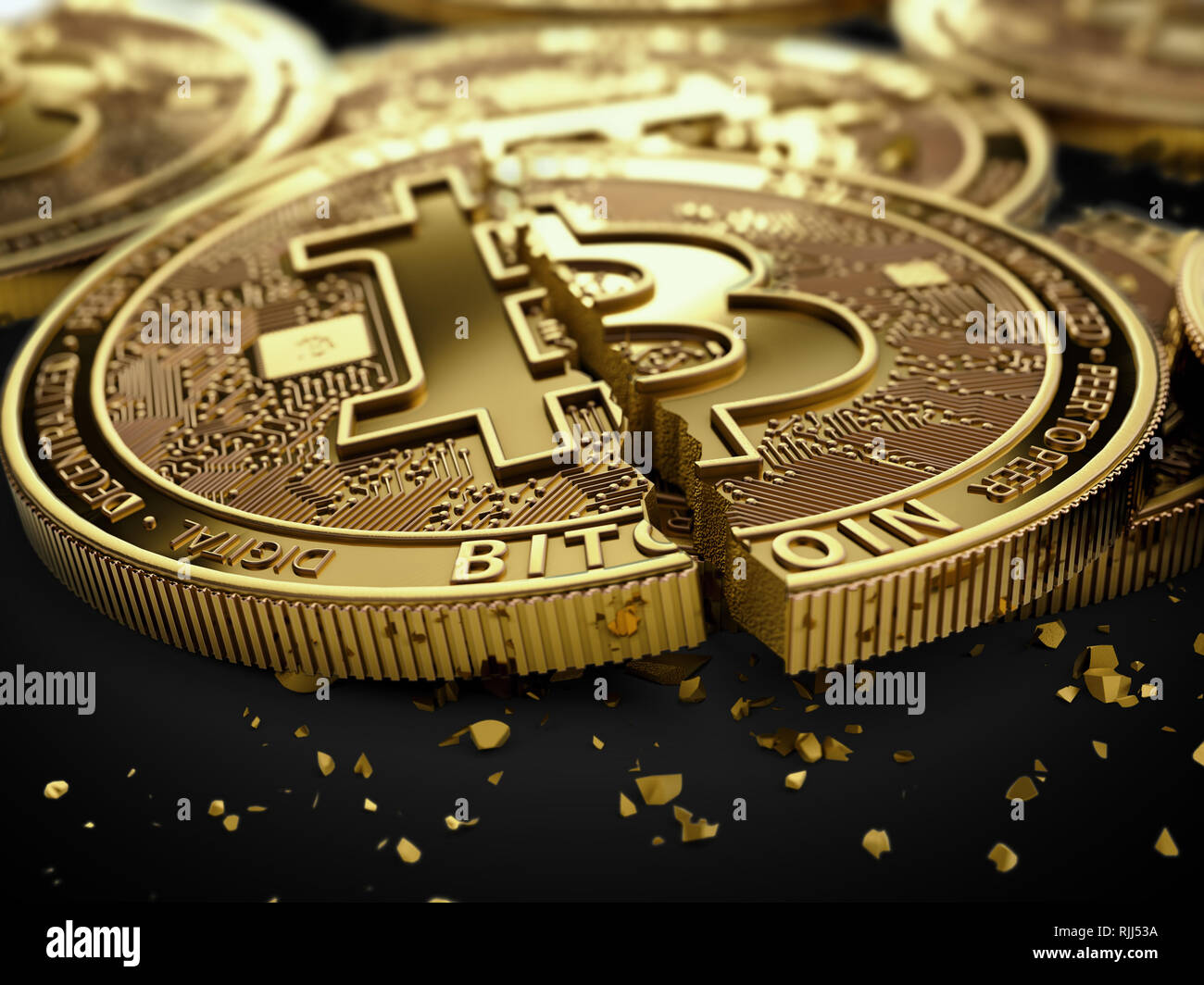 Close-up shot on broken or cracked Bitcoin coins laying on black ...
