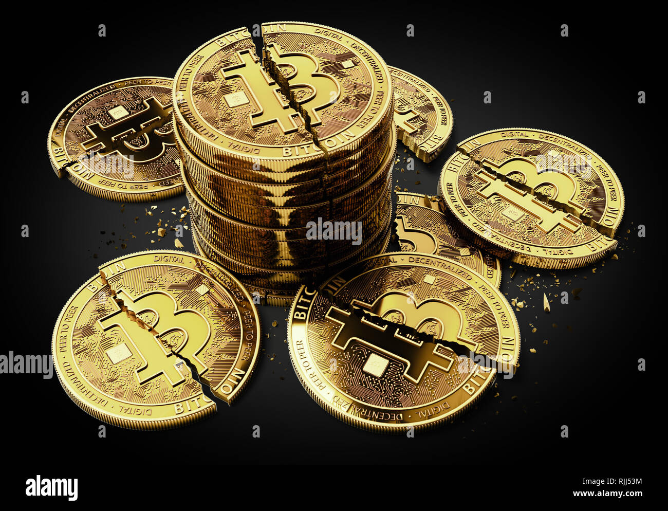 Pile of broken or cracked Bitcoin coins laying on black background ...